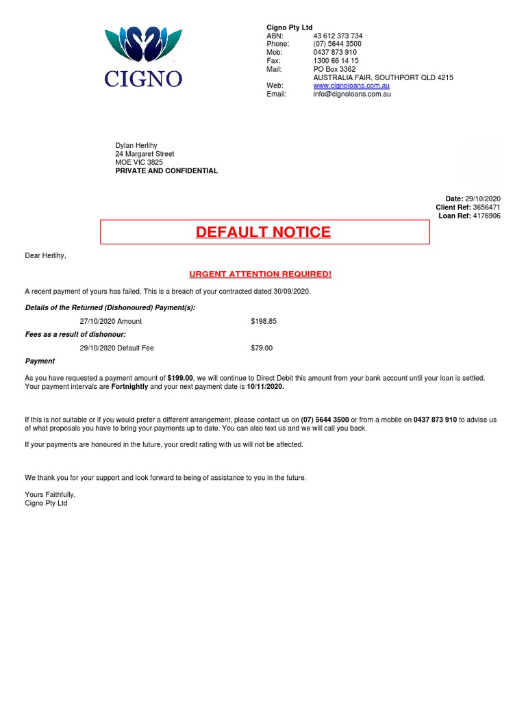 Cigno Loan Default Notice to Dylan Herlihy | PDF | Payments | Debit Card