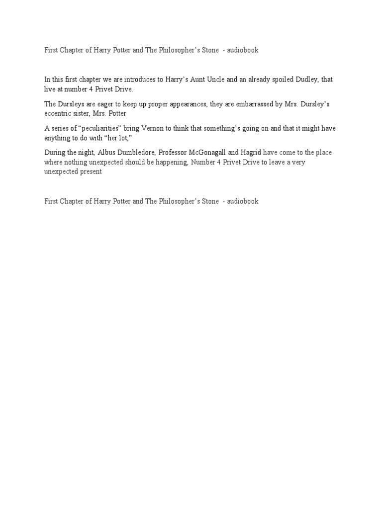 First Chapter of Harry Potter and The Philosopher