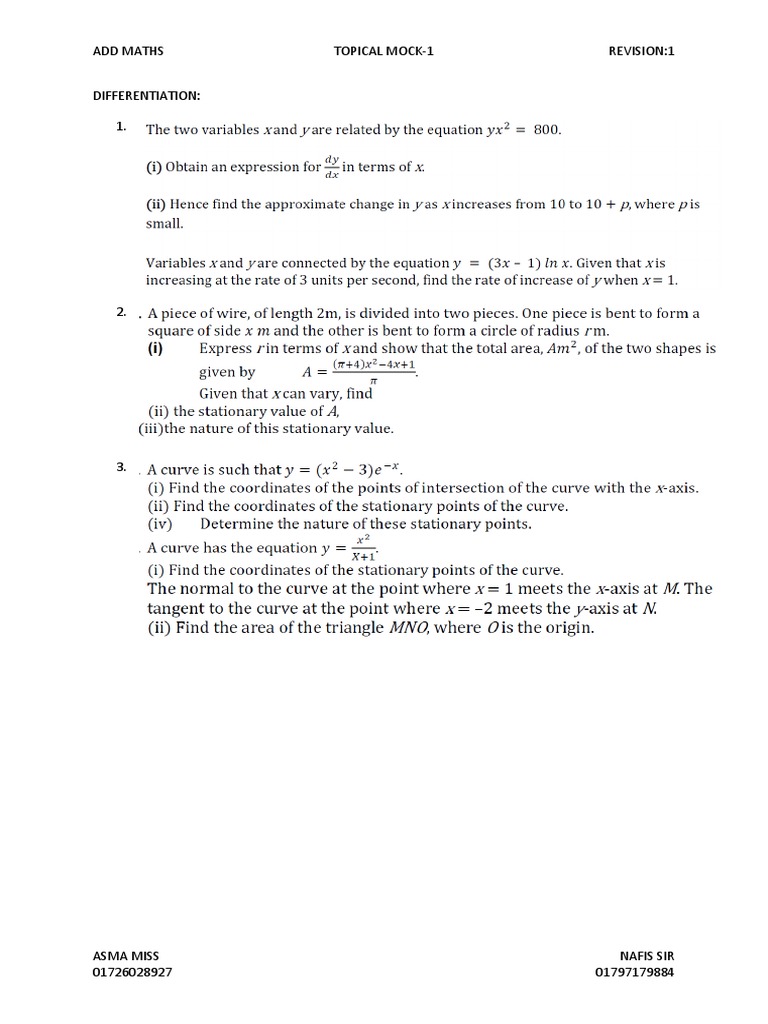 Add Maths Topical Mock-1 Revision:1 | PDF