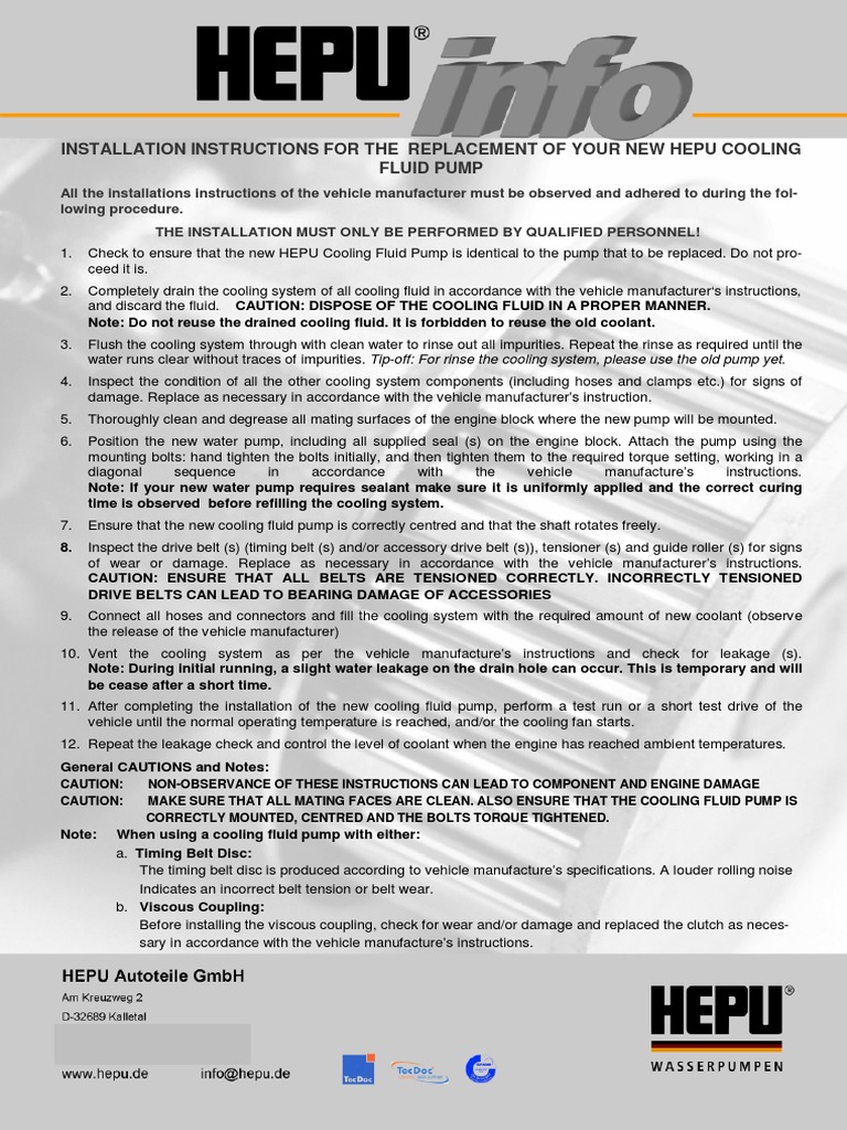 Installation Instructions For The Replacement of Your New Hepu Cooling Fluid Pump | PDF ...