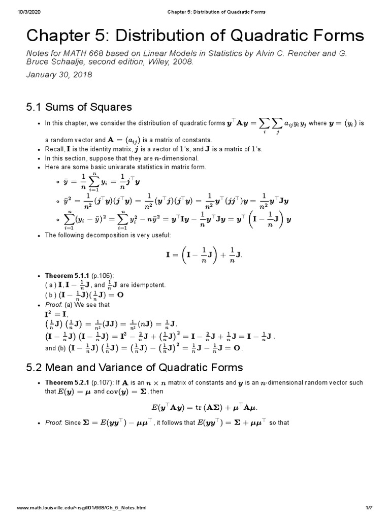 Chapter 5: Distribution of Quadratic Forms | PDF | Degrees Of Freedom ...