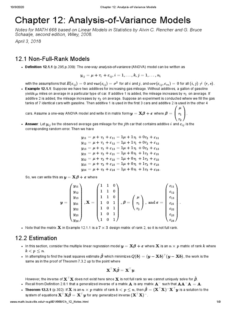 Chapter 12: Analysis-of-Variance Models: 12.1 Non-Full-Rank Models ...