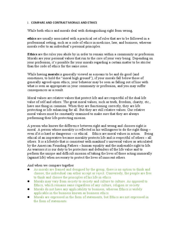Compare and Contrast Morals and Ethics PDF | Download Free PDF | Value ...