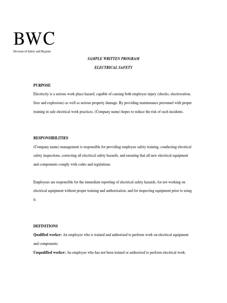Purpose: Sample Written Program Electrical Safety | PDF | Personal ...