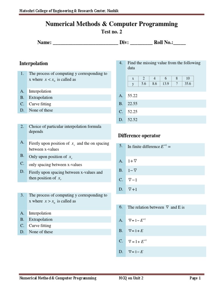 MCQ Unit 4 PDF | PDF | Finite Difference | Interpolation
