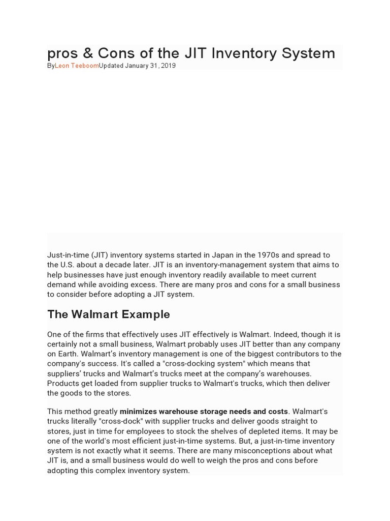 Pros & Cons of The JIT Inventory System | PDF | Inventory | Warehouse