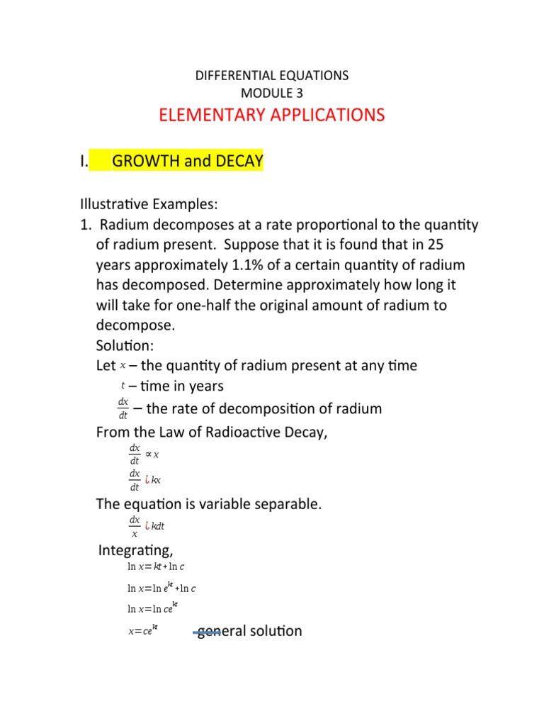 Elementary Applications: I. Growth and Decay | PDF | Radioactive Decay ...