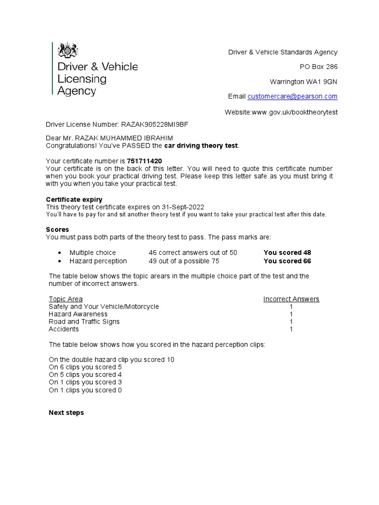 Driving Theory Test Pass Certificate | PDF