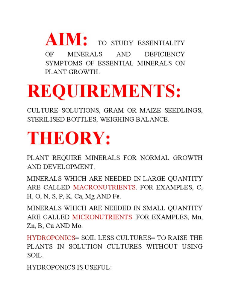 To Study Essentiality of Minerals and Deficiency Symptoms of Essential ...