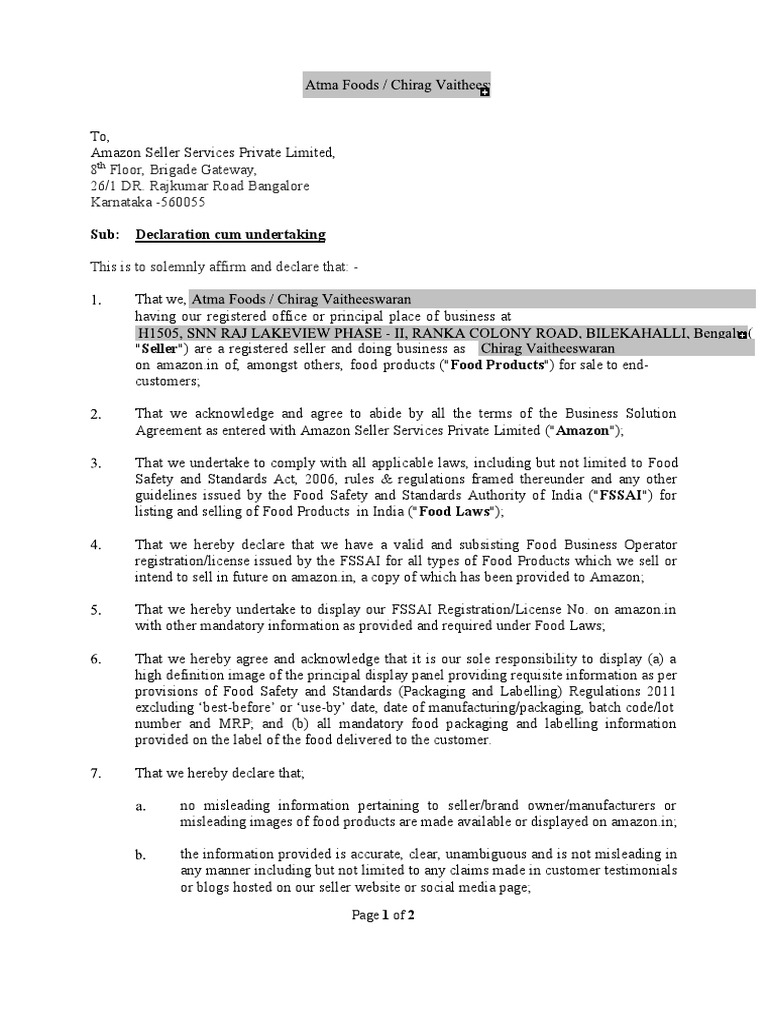 Declaration of Compliance with Food Safety Standards for Selling Food ...