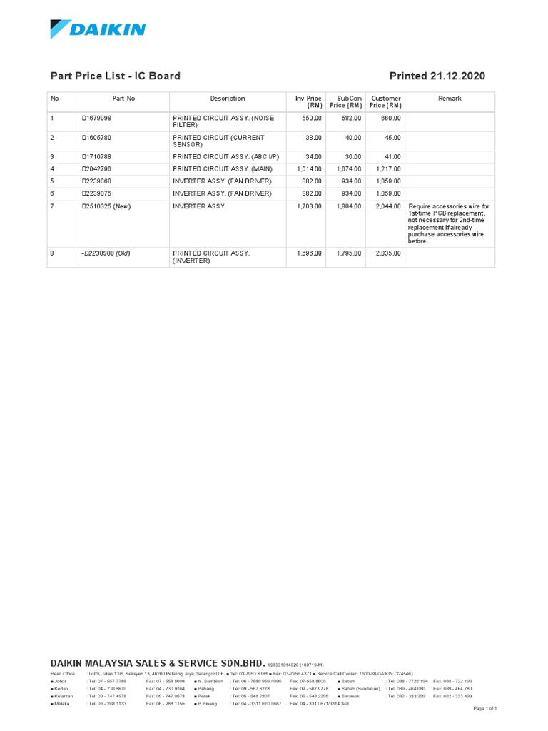 Daikin Malaysia Parts Price List - Printed Circuit Boards and Inverter ...