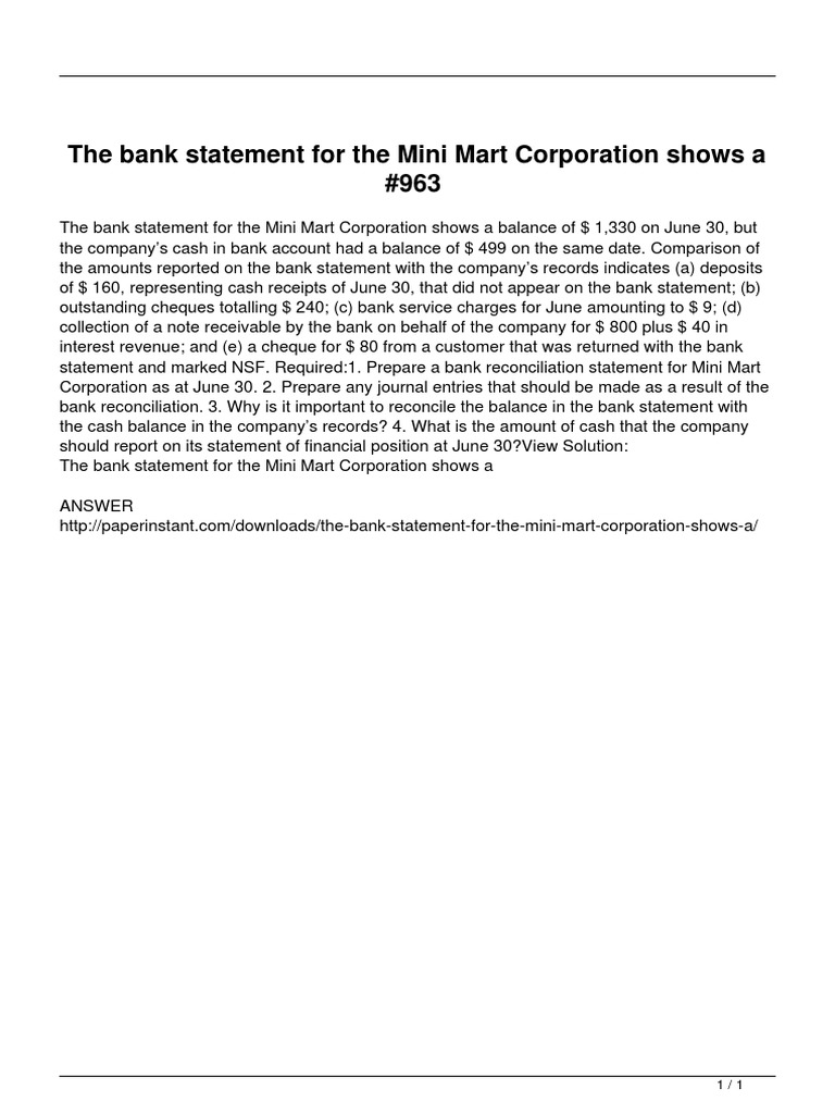 The Bank Statement For The Mini Mart Corporation Shows A PDF | PDF