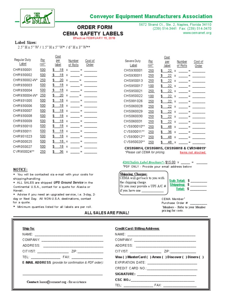 Order Form Cema Safety Labels: Conveyor Equipment Manufacturers ...