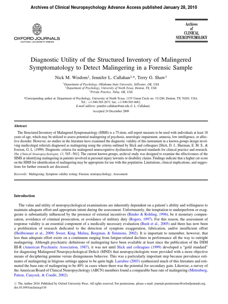 SIMS - Diagnostic Utility of The SIMS To Detect Malingering in A ...