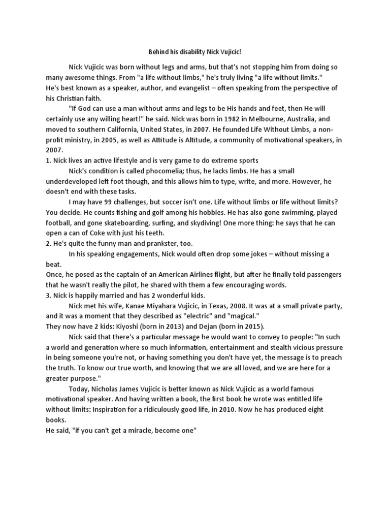 Behind His Disability Nick Vujicic | PDF | Sports