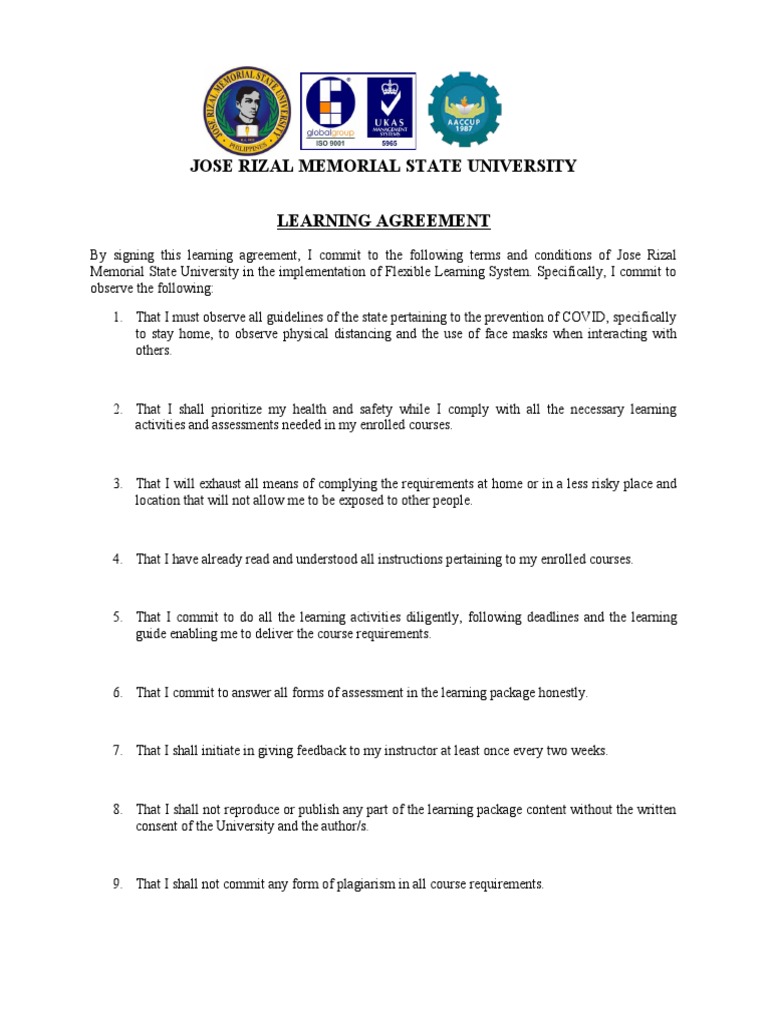 Jose Rizal Memorial State University Learning Agreement | PDF | Career ...