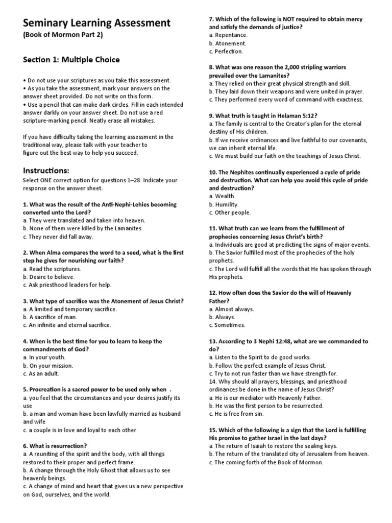 Seminary Learning Assessment Guide | PDF | Book Of Mormon | Jesus