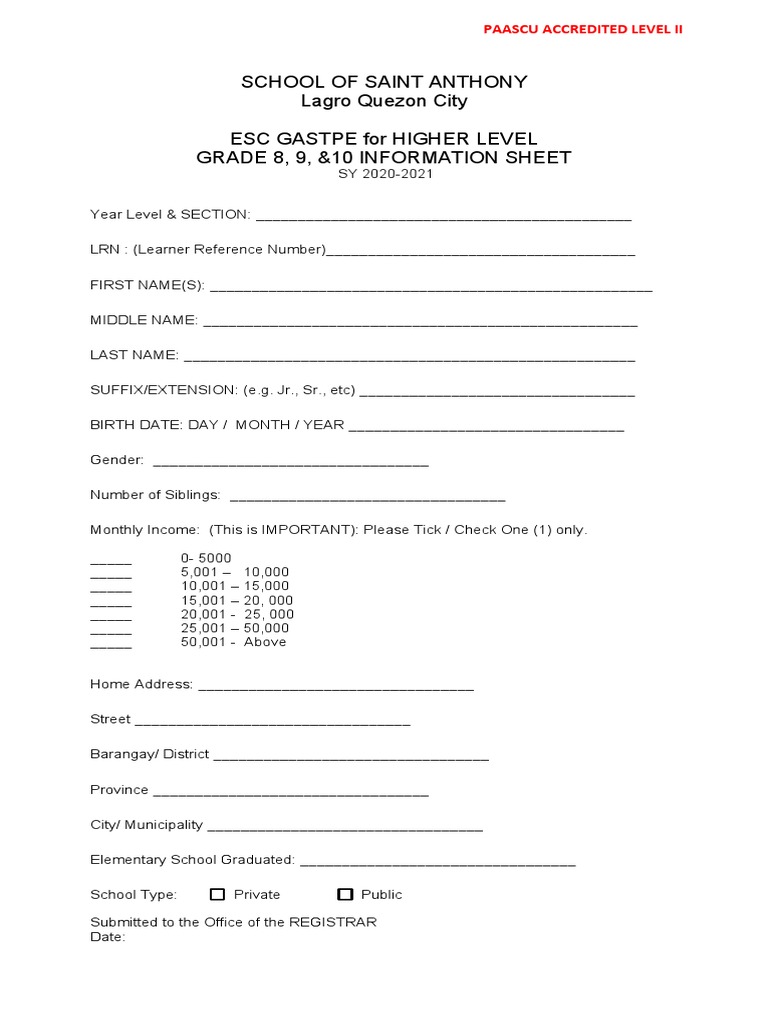 School of Saint Anthony Lagro Quezon City Esc Gastpe For Higher Level ...