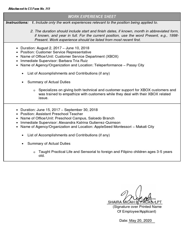 WORK EXPERIENCE SHEET (CS Form No. 212) PDF | PDF