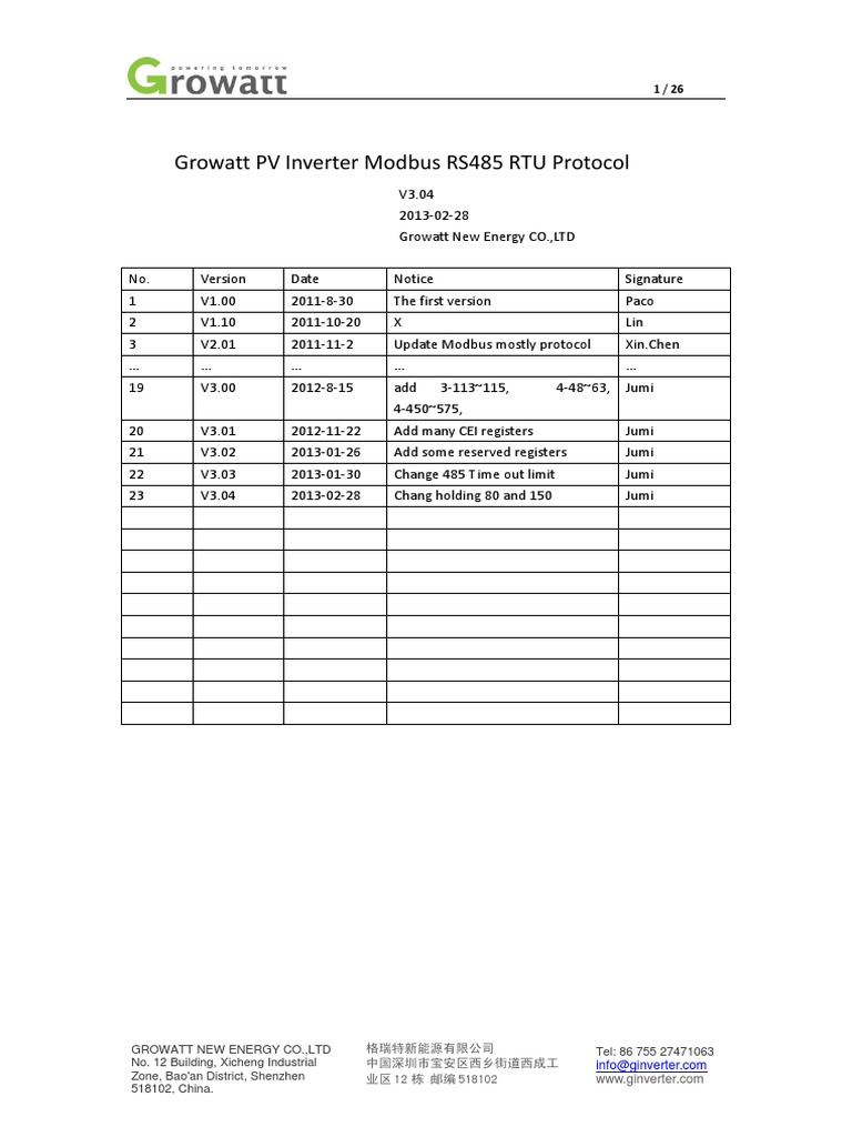 Growatt PV Inverter Modbus RS485 RTU Protocol V3.04 | PDF | Computer Engineering | Electrical ...