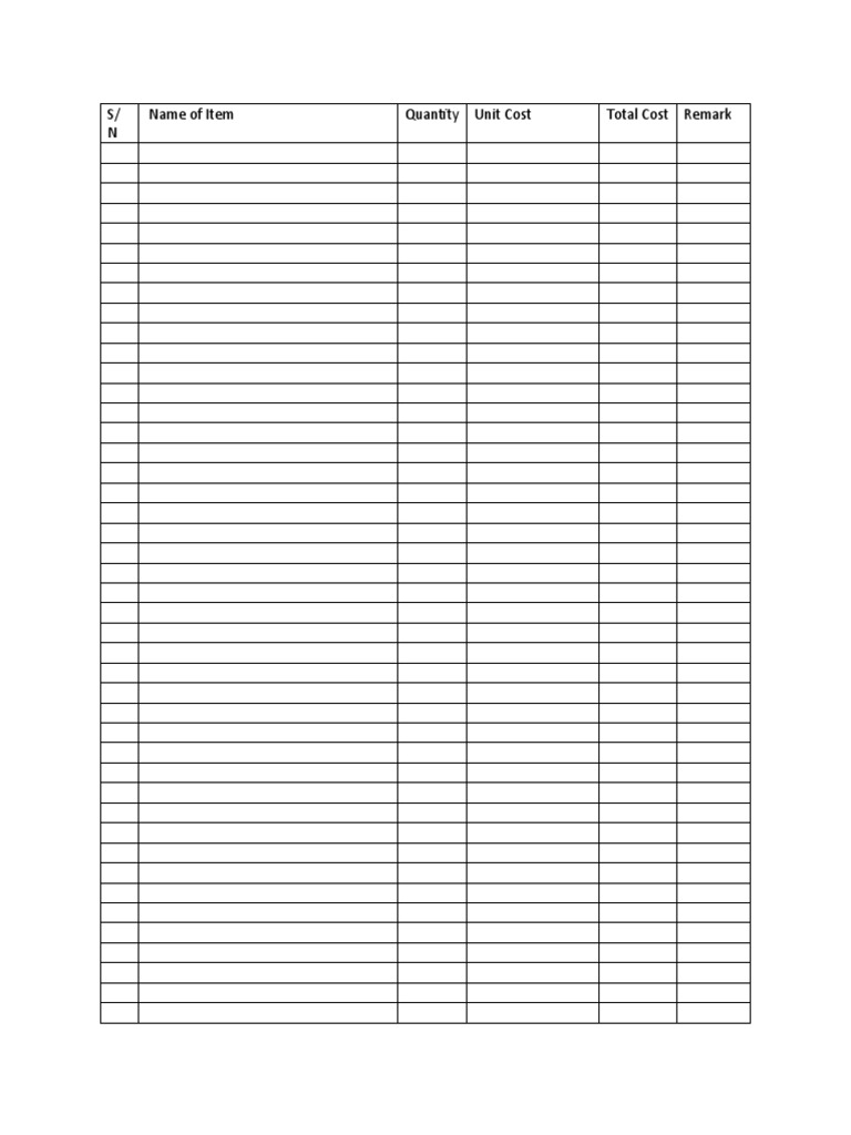 S/ N Name of Item Quantity Unit Cost Total Cost Remark | PDF