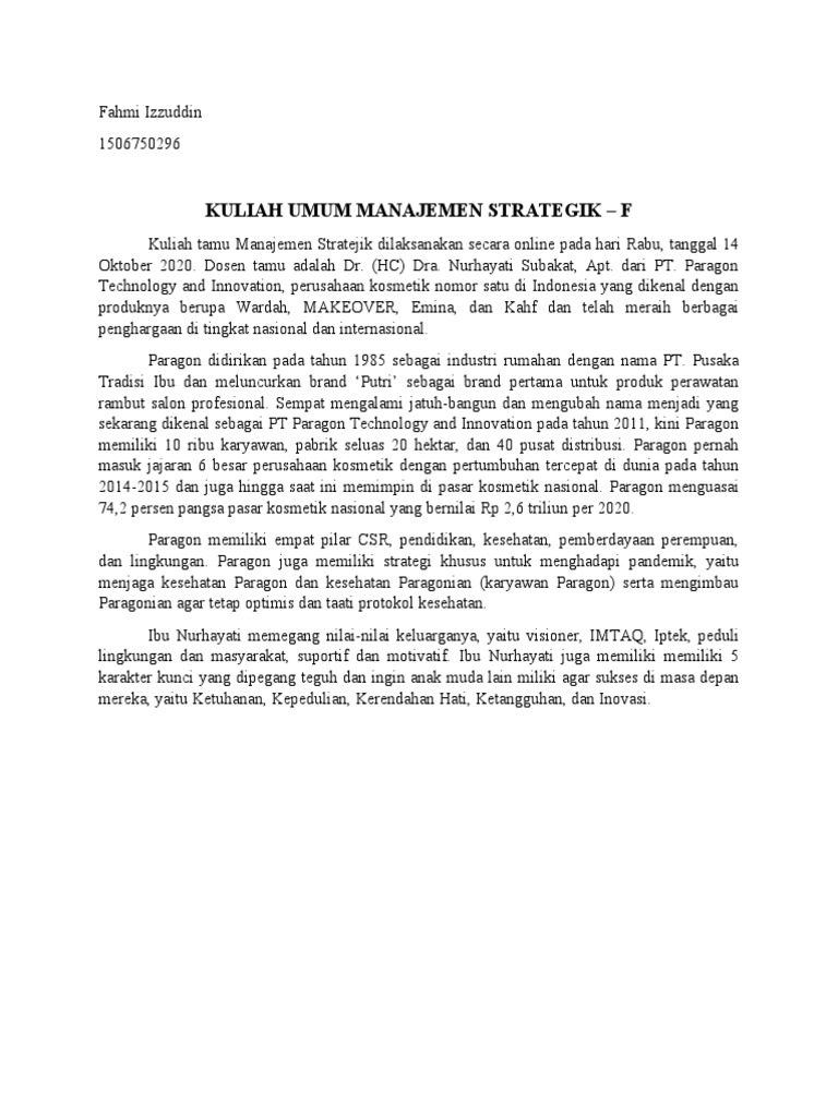 Kulum Manajemen Stratejik - F - Fahmi Izzuddin - 1506750296 | PDF