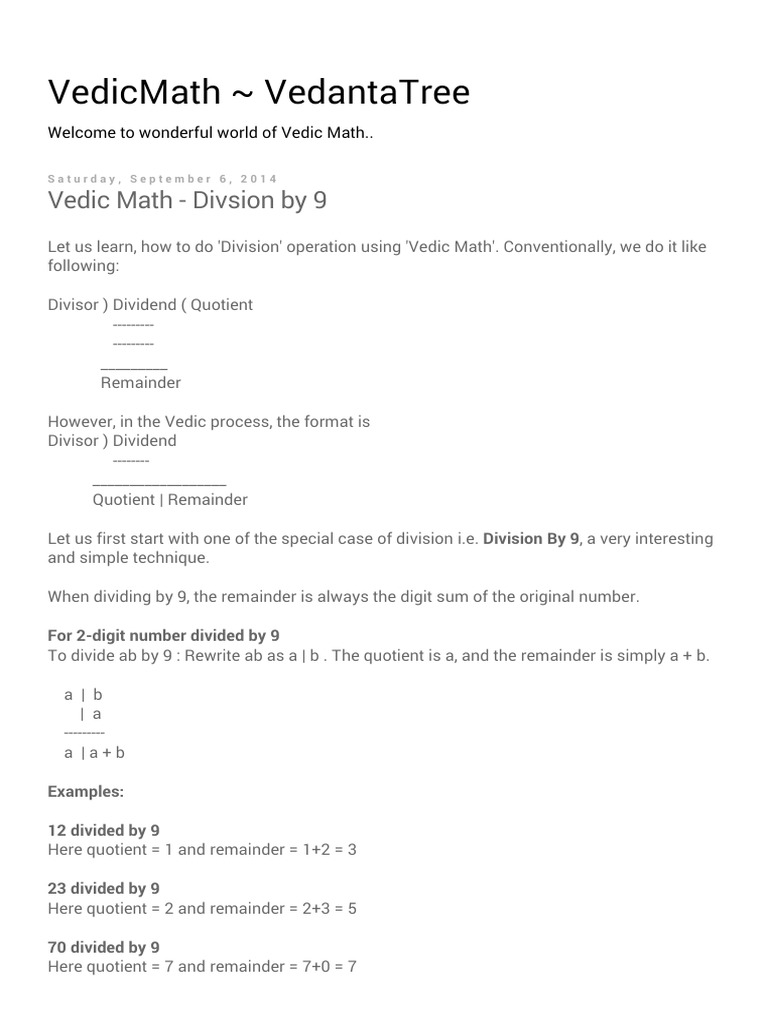 Vedic Math - Divsion by 9 | PDF | Division (Mathematics) | Number Theory