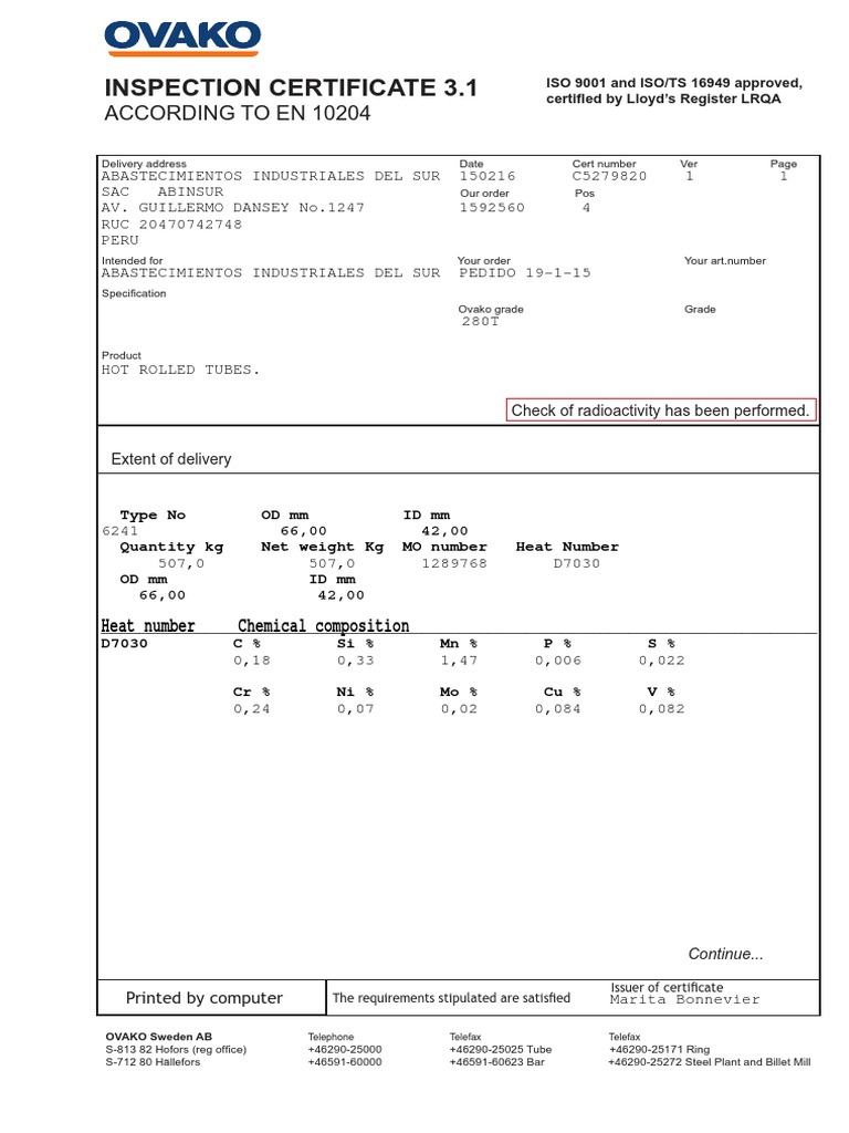 Inspection Certificate 3.1: According To en 10204 | PDF | Metals | Industries
