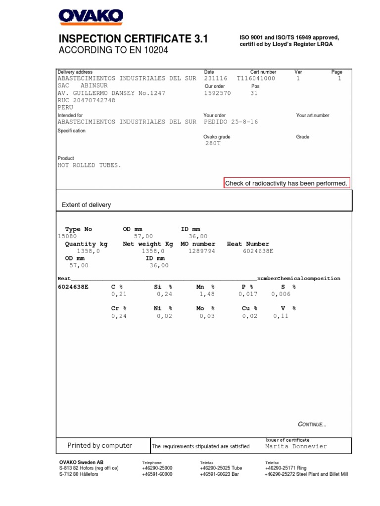 Inspection Certificate 3.1: According To en 10204 | PDF | Building ...