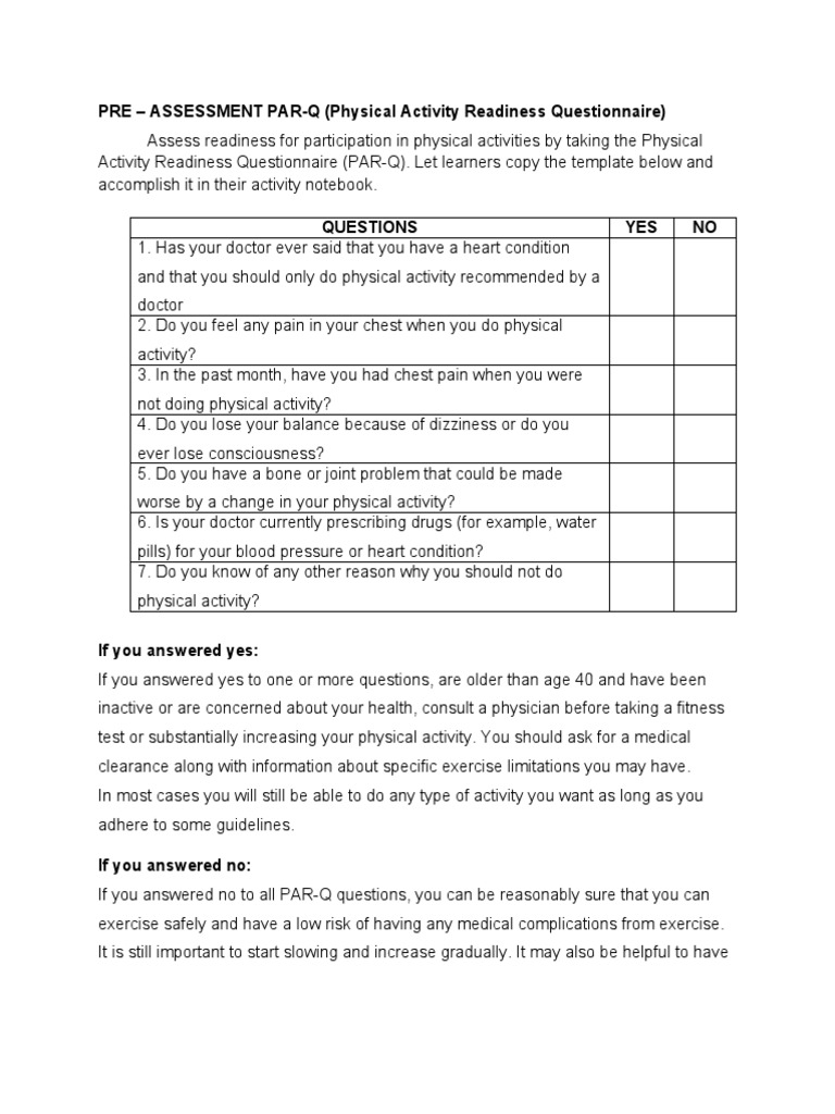 PAR-Q Physical Activity Readiness Questionnaire | PDF | Aerobic ...