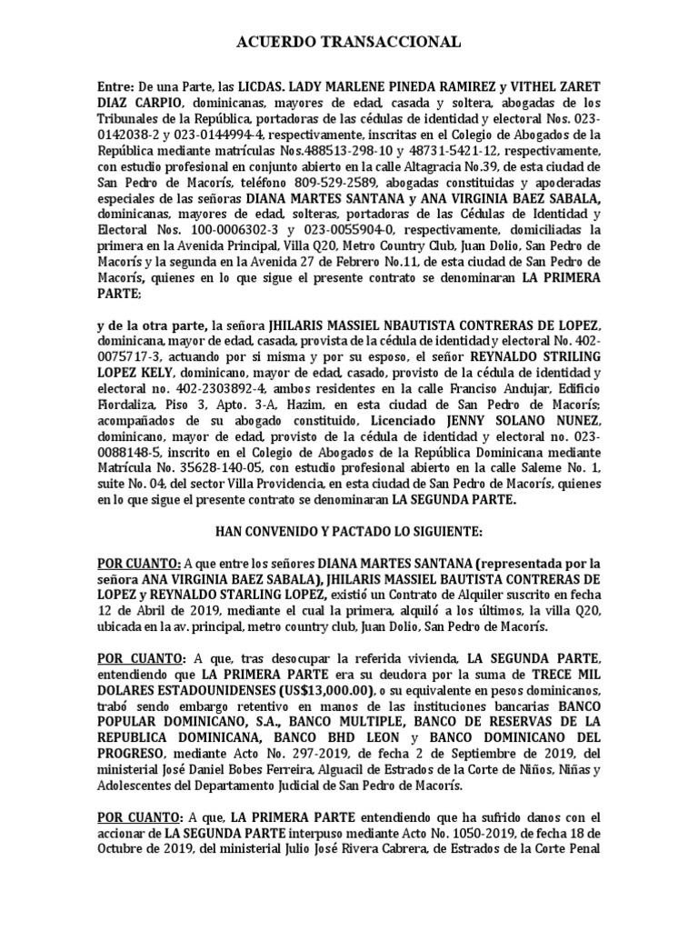 Acuerdo Transaccional (Diana Martes-Ana Sabala Jhilaris Bautista y ...
