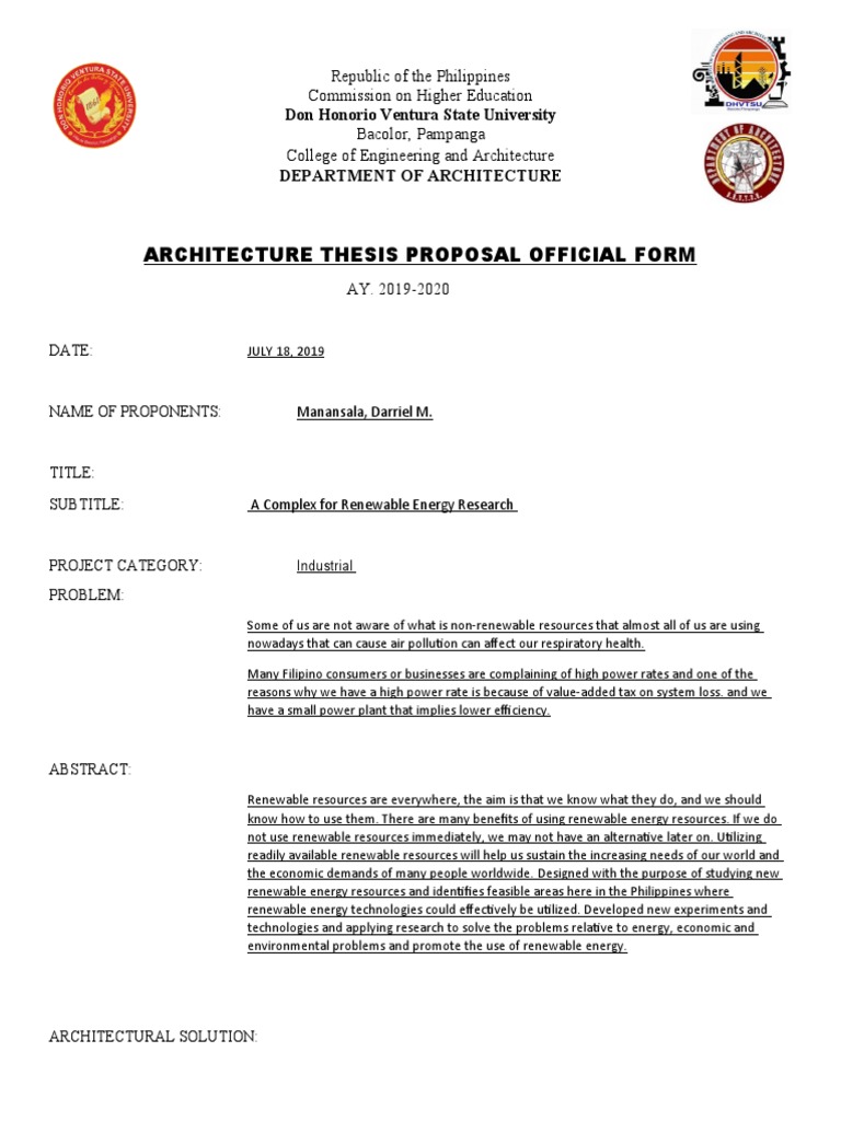 Architecture Thesis Proposal Official Form: Don Honorio Ventura State ...