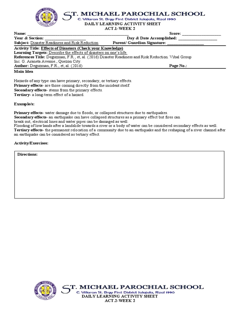 Daily Learning Activity Sheet Disaster Reduction and Risk Reduction 11 ...