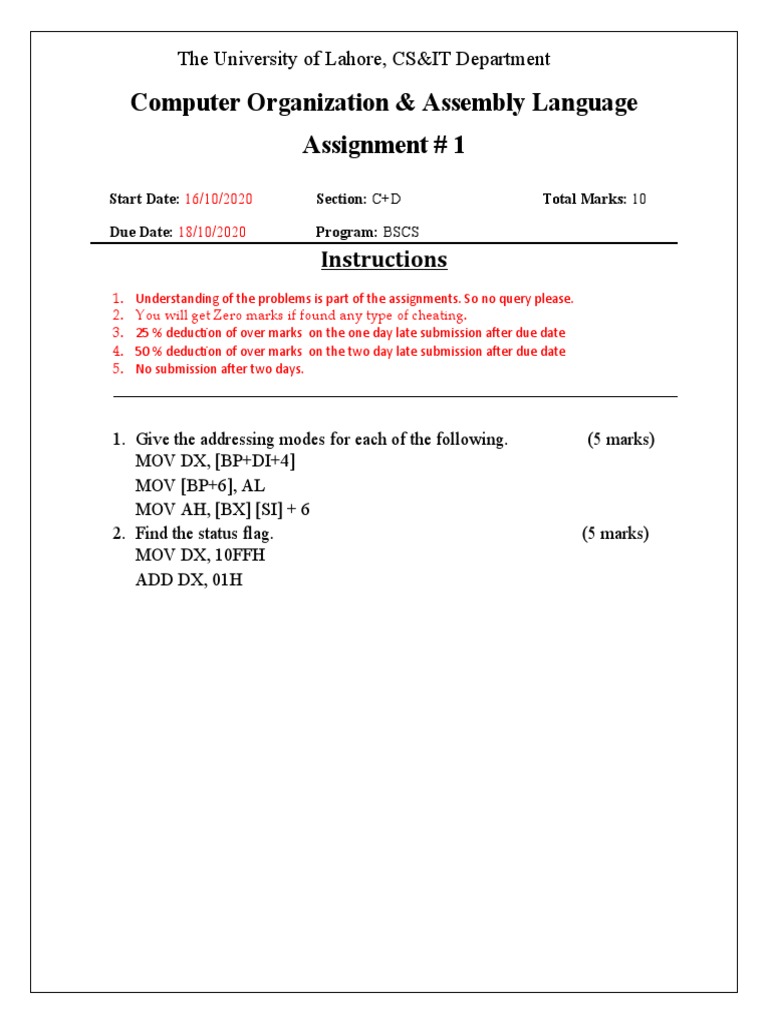 Computer Organization & Assembly Language Assignment # 1: Instructions | PDF