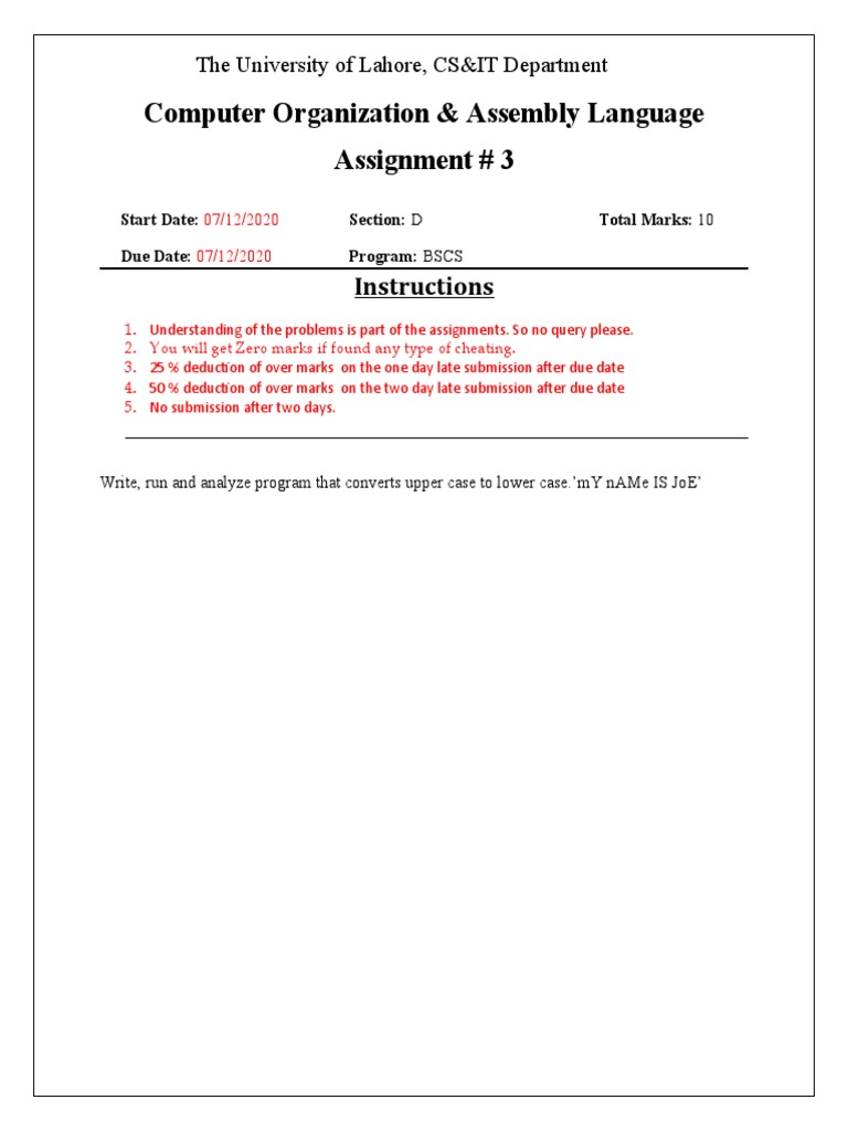 Computer Organization And Assembly Language Assignment 3 Instructions Pdf