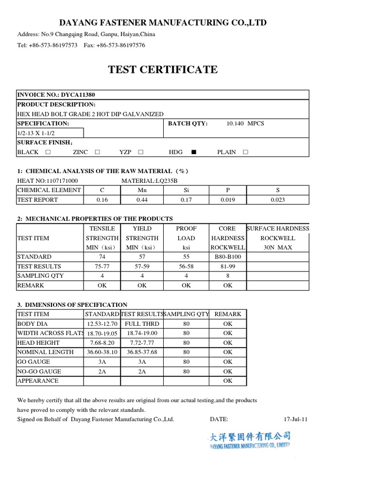 Test Certificate: Dayang Fastener Manufacturing Co.,Ltd | PDF ...