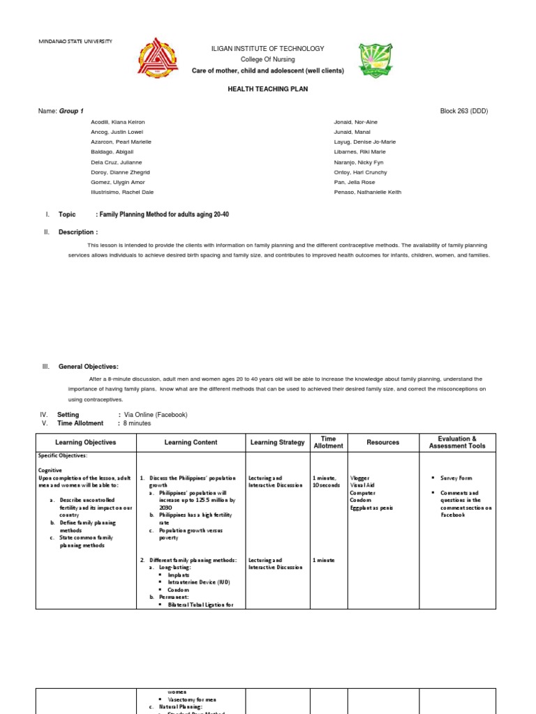 Health Teaching Plan Group 1 DDD Family Planning PDF | PDF | Family ...