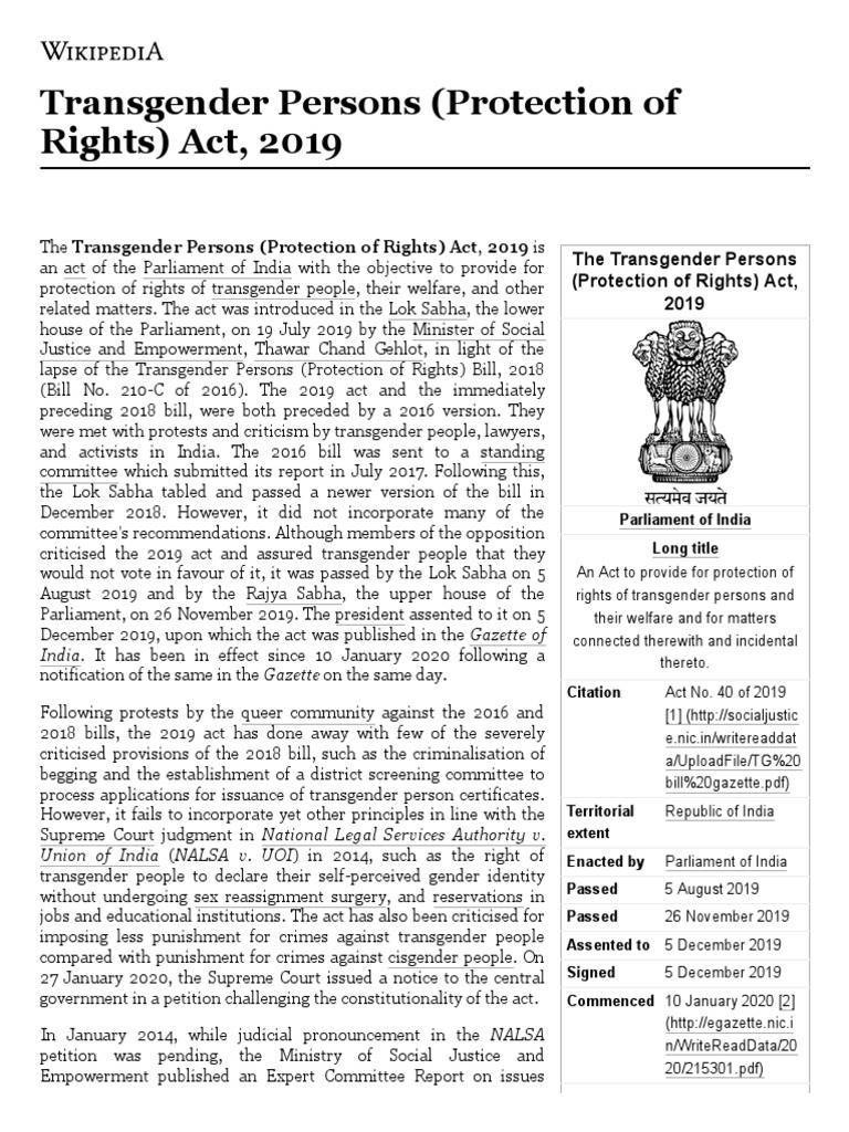Transgender Persons (Protection of Rights) Act, 2019 - Wikipedia | PDF ...