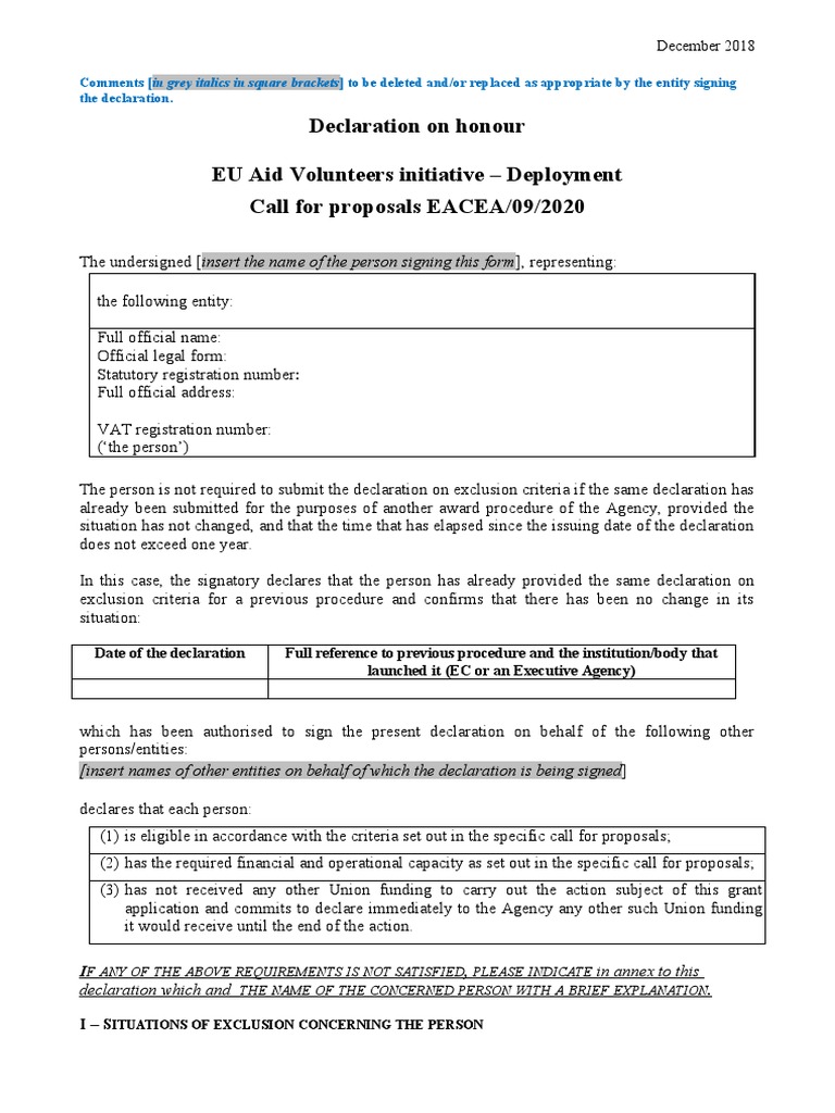 Eu Av Deployment 2020 Model Declaration On Honour | PDF | European ...