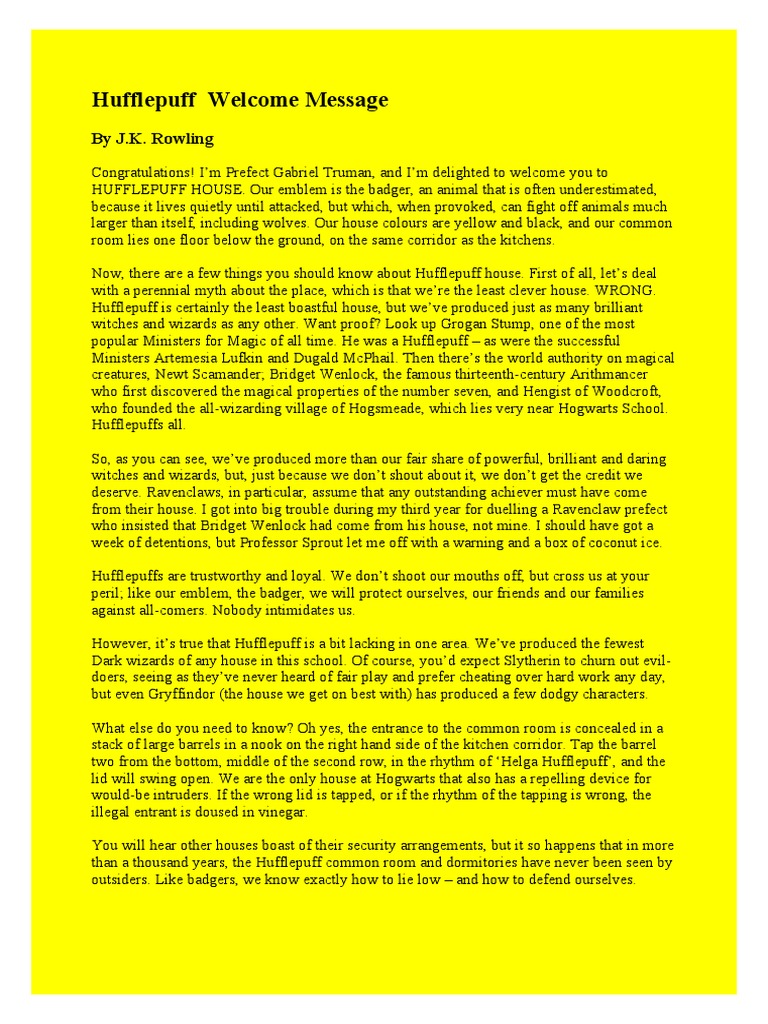 Welcome to Hufflepuff House | PDF | Harry Potter | Harry Potter Universe