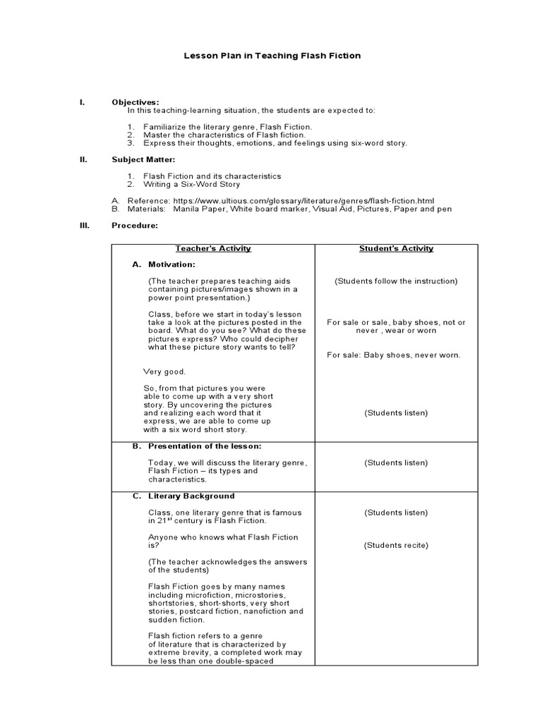 Lesson Plan in Teaching Flash Fiction | PDF