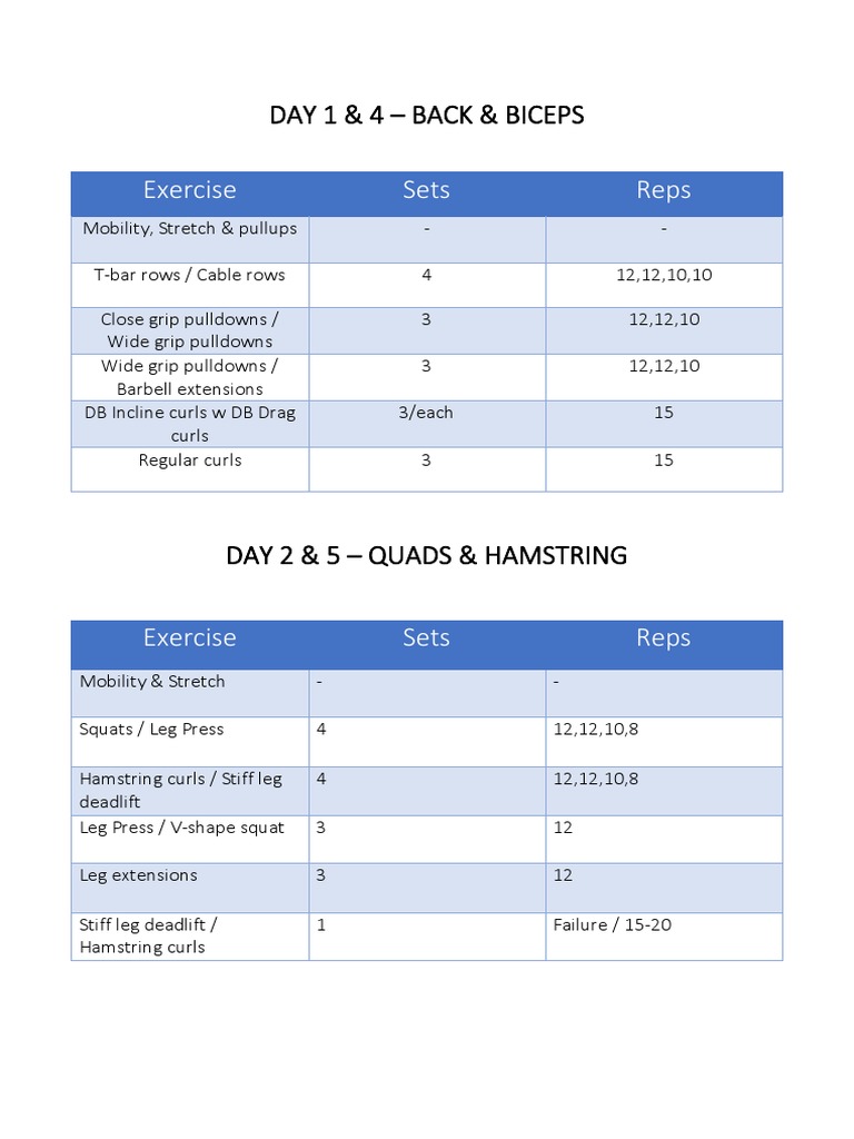Exercise Sets Reps: Day 1 & 4 - Back & Biceps | PDF | Teaching Methods & Materials