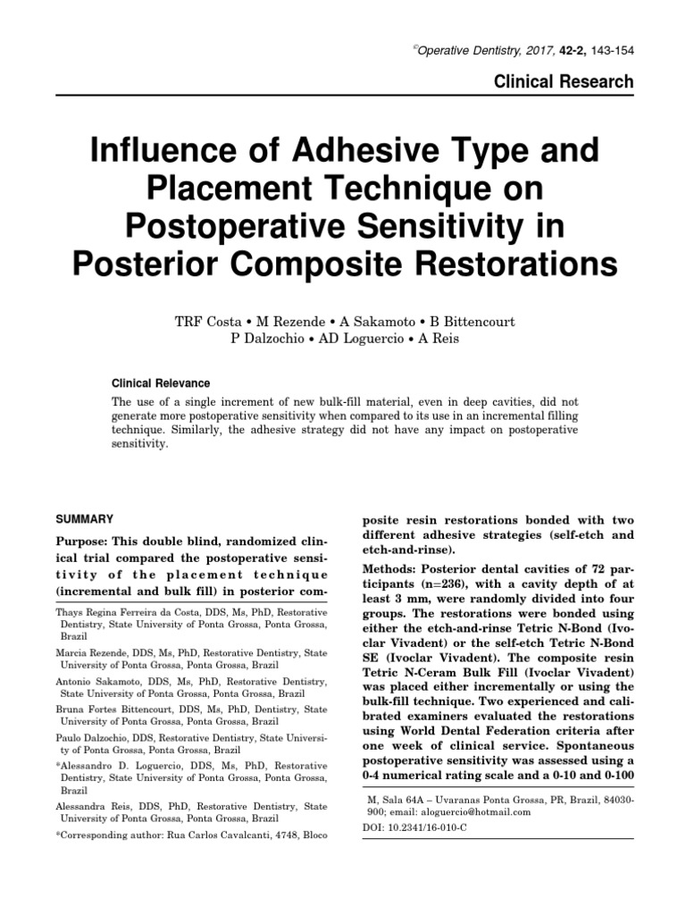Postoperative Sensitivity in Composite Restorations | PDF | Dental ...