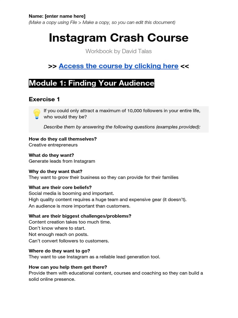 MAKE A COPY - IG Crash Course Workbook by David Talas | PDF | Hashtag | Analytics