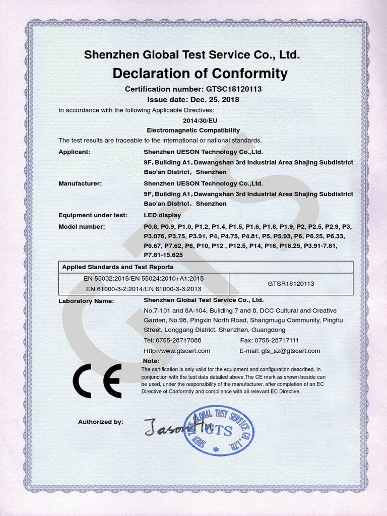 Declaration of Conformity: Shenzhen Global Test Service Co., LTD | PDF ...