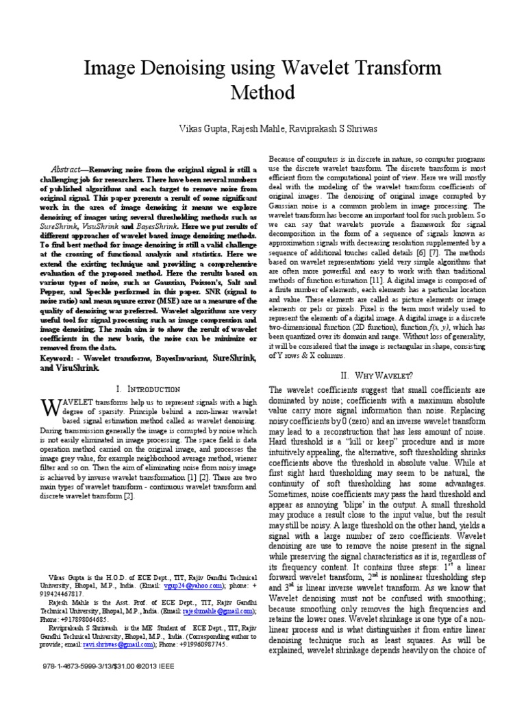Image Denoising Using Wavelet Transform Method: Vikas Gupta, Rajesh ...