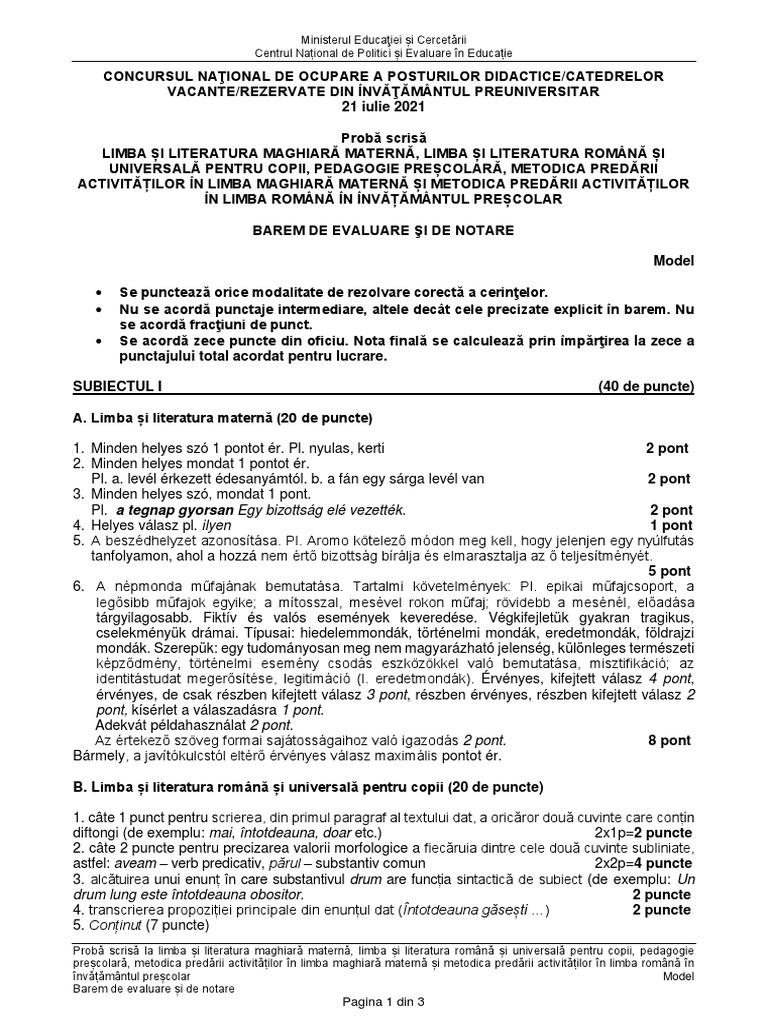 Tit 102 Limba Maghiara Materna E 2021 Bar Model | PDF