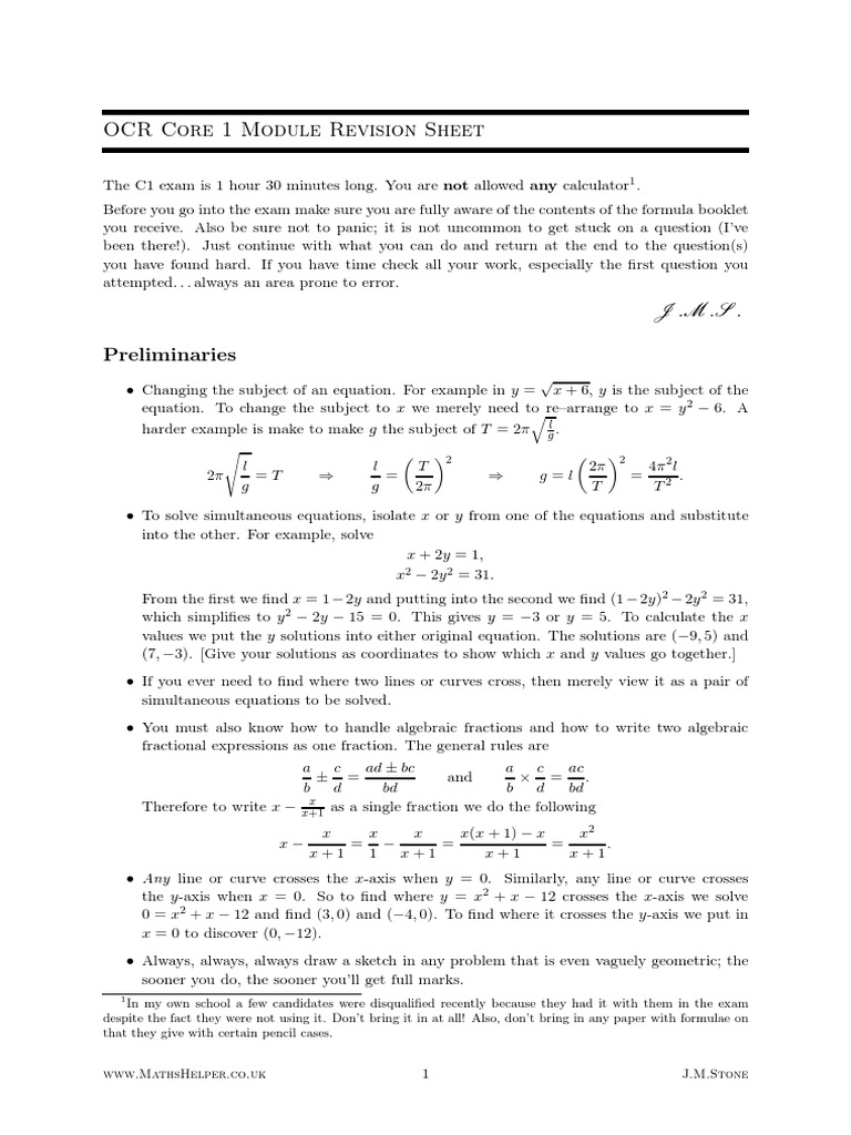 OCR C1 Revision Notes PDF | PDF | Circle | Derivative