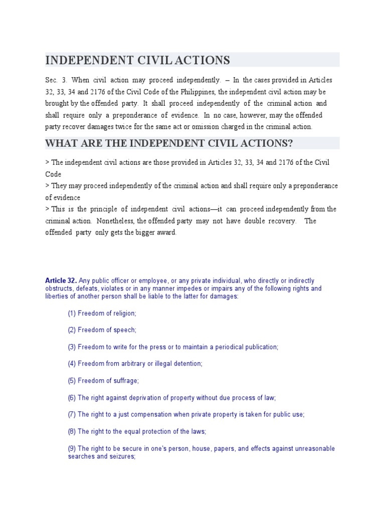 What Are The Independent Civil Actions? | PDF | Damages | Bail