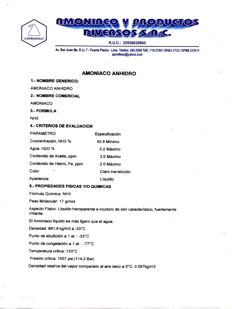 Ficha Tecnica Amoniaco Anhidro | PDF